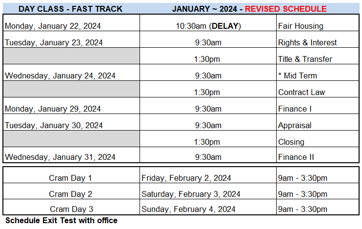 Class Schedule - Real Estate School Huntsville
